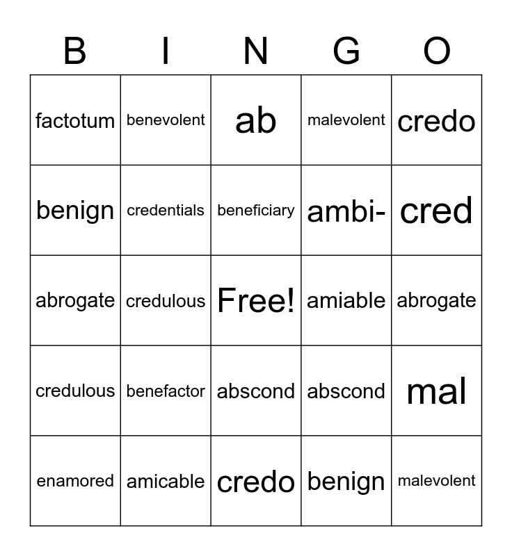 Root Word BINGO Card