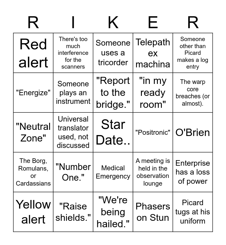 Star Trek: Next Genertion Bingo Card