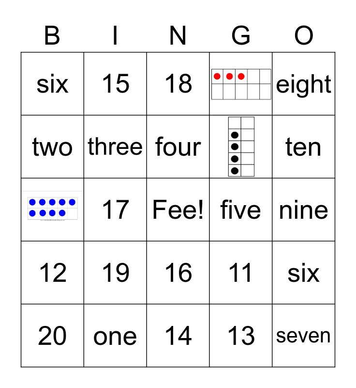 Numbers 1-20 Bingo Card