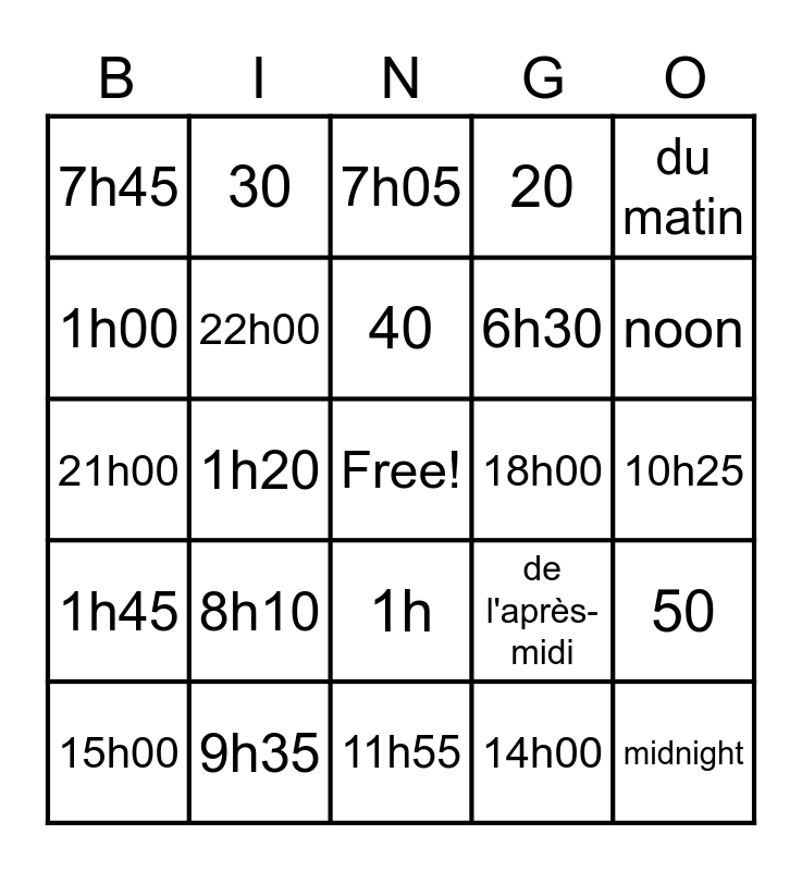 L'heure Bingo Card