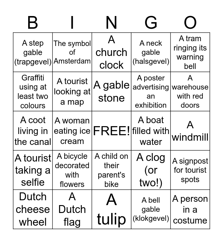 Gozzy's Amsterdam Bingo Card Bingo Card