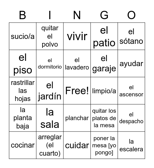 La Casa/Los Quehaceres Bingo Card