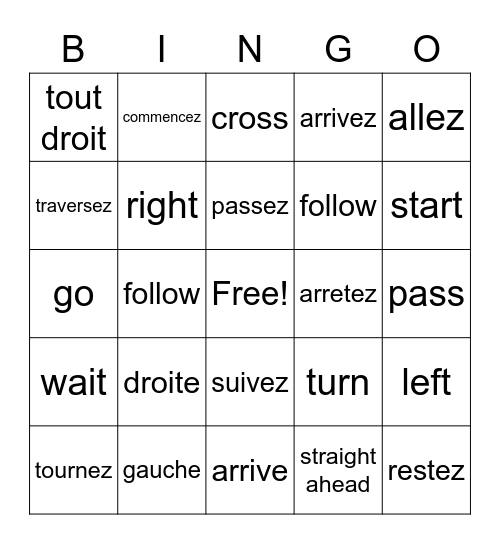 directions Bingo Card