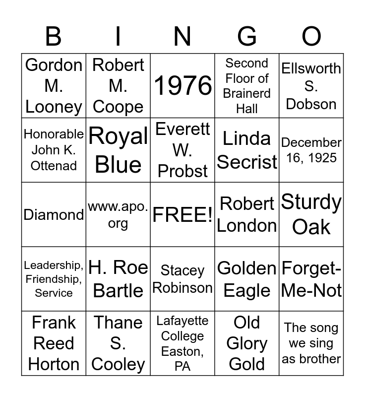Alpha Phi Omega Bingo Card