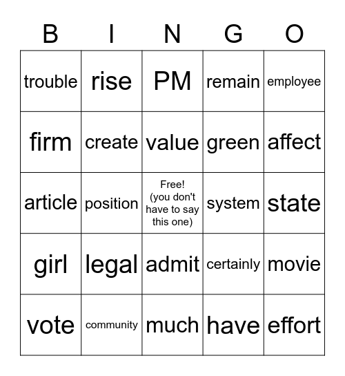 Word Bingo Card