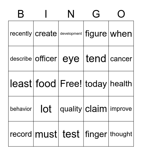 Word Lists Bingo Card