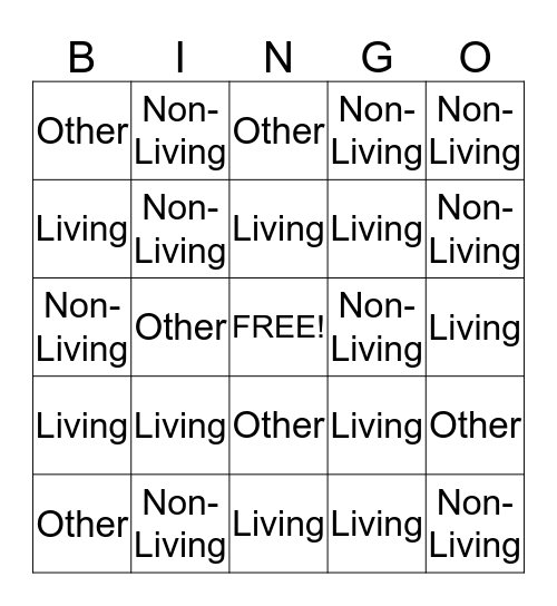 Living vs. Non-Living Bingo Card