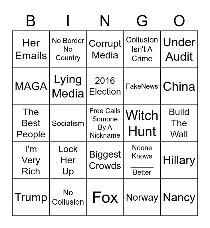 Trump Rally Bingo Card