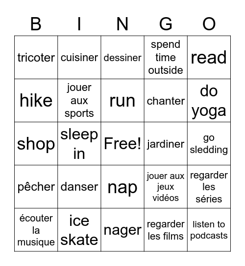 Les passe-temps Bingo Card