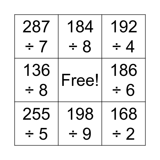 Division Bingo (Single-Digit Divisors with No Remainders) Bingo Card