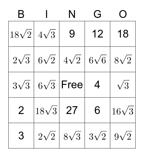 9.2 Special Right Triangles Bingo Card