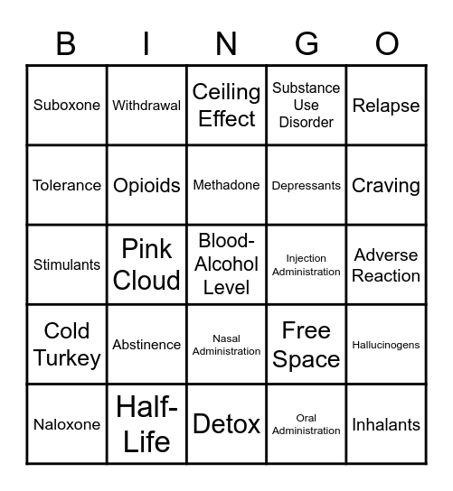 Substance Use Bingo Card