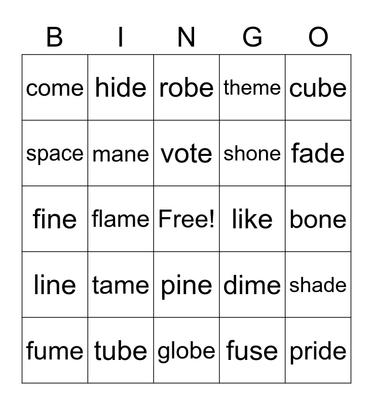 Silent E Bingo Card