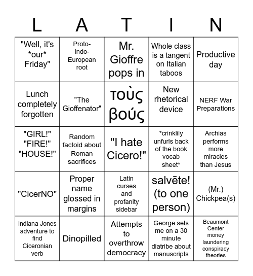 Advanced Latin Bingo Card