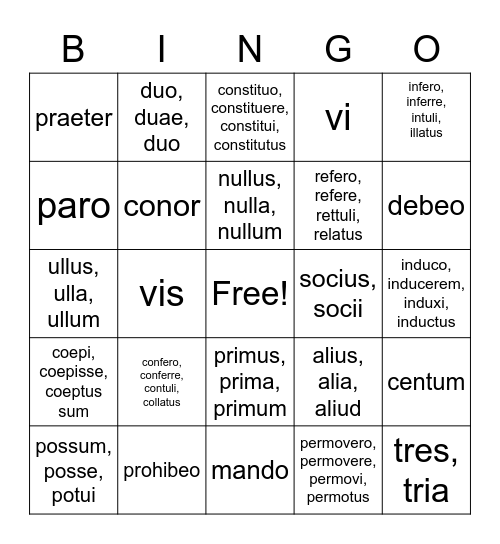 Latin Bingo Card