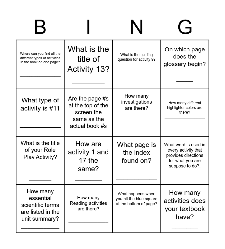 Textbook Scavenger Hunt Bingo Card