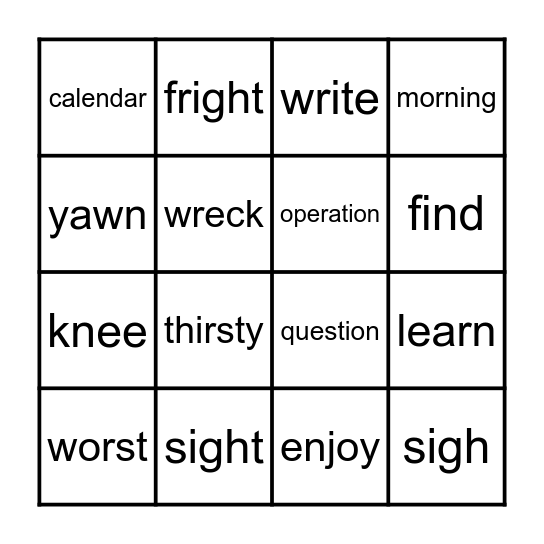 Superkids Words Bingo Card