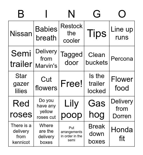 Delivery/Processing Bingo Card