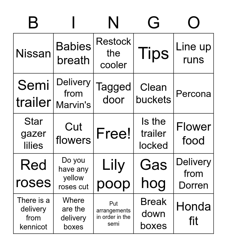 Delivery/Processing Bingo Card