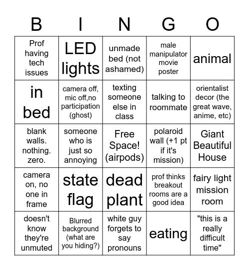 Zoom Class Bingo Card