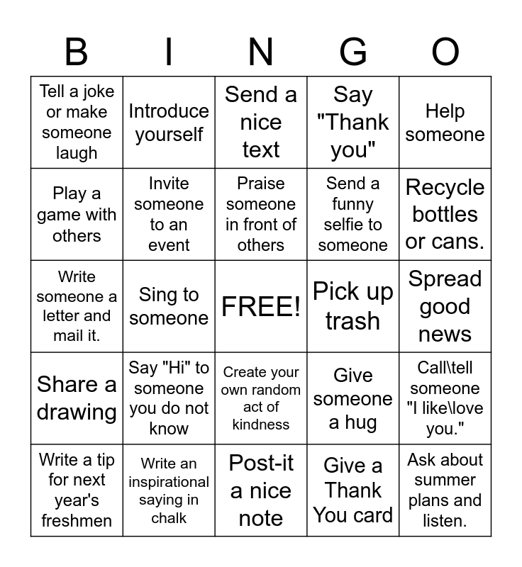 Pay it Forward Bingo Card