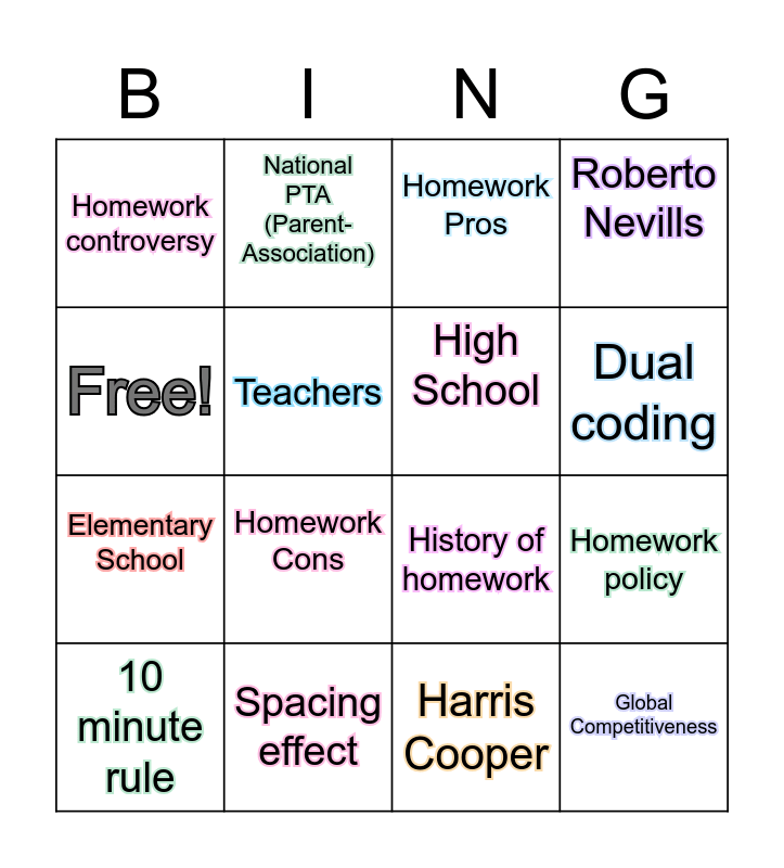 Homework Bingo Card