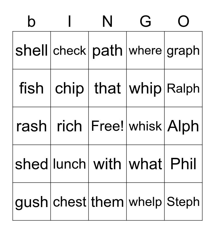 Digraph Bingo Card