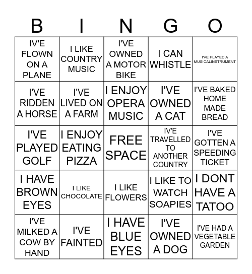 LIFE EXPERIENCES BINGO Card