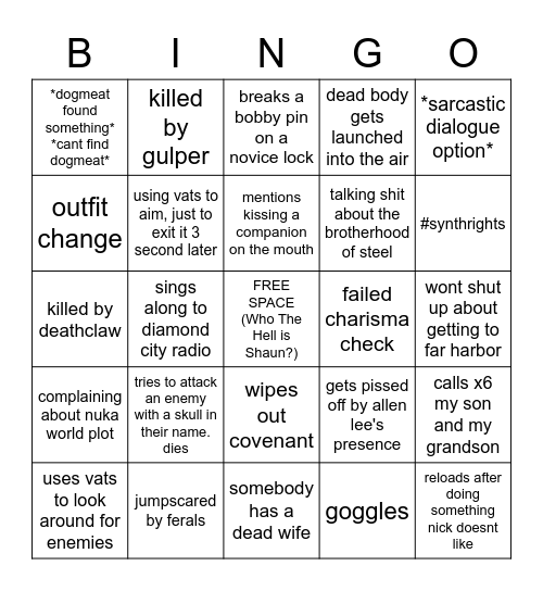 tremor plays fallout 4 bingo Card
