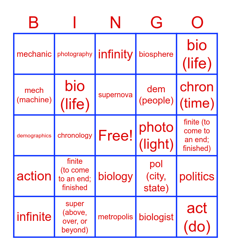Root Word Bingo Unit 3 Bingo Card