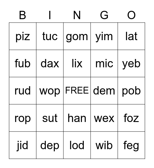 Nonsense Words Bingo Card