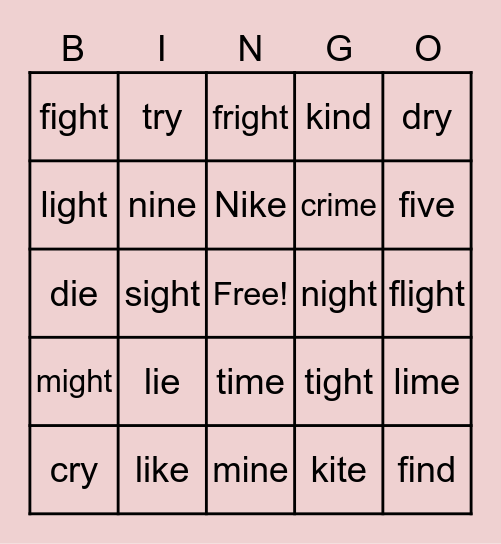 Long Vowel "I" Bingo Card