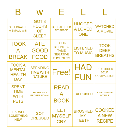 Health and Wellness Bingo Card