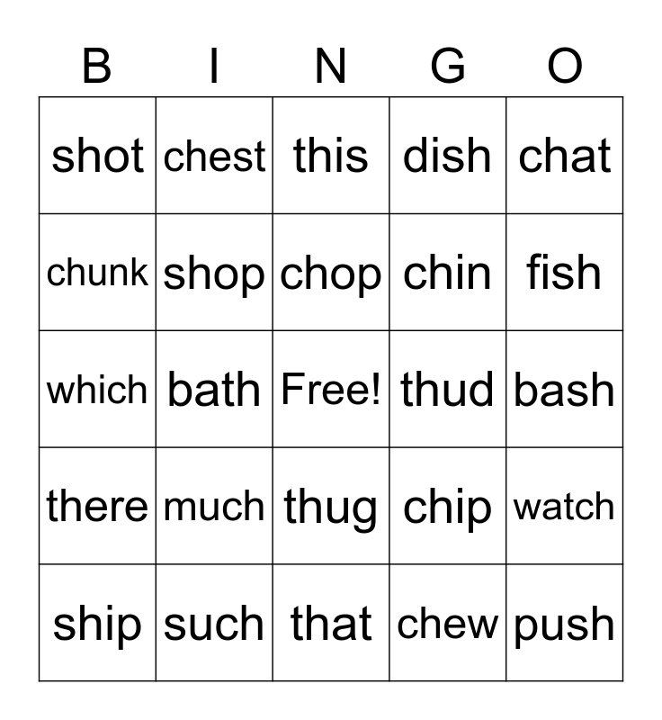 Blends and Digraphs Bingo Card