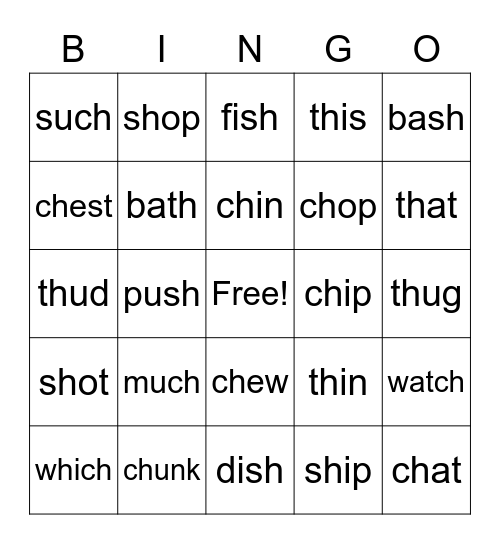 Digraphs_sh, ch, th Bingo Card