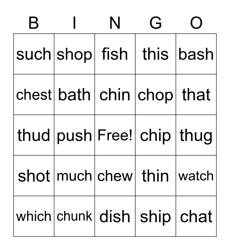Digraphs_sh, ch, th Bingo Card