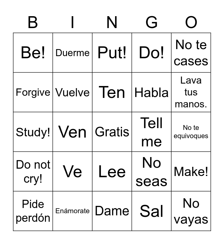 Mandatos de tú Bingo Card