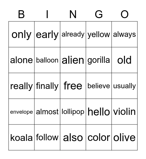 Medial L Bingo Card