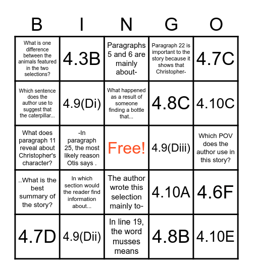 4th Grade STAAR Reading Bingo Card 4th Grade STAAR Reading Bingo Card
