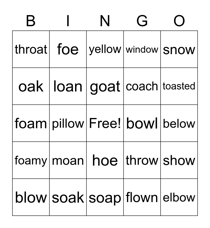 Long O Digraphs Bingo Card