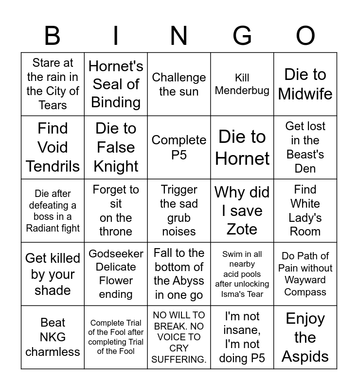 Hollow Knight Bingo Card