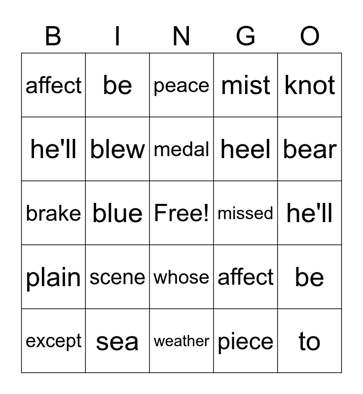 Homophone Bingo Card