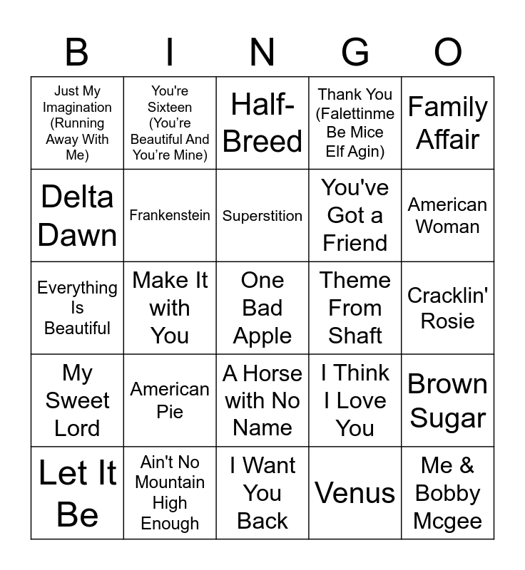 Number 1 Hits Of 1970 s Bingo Card Number 1 Hits Of 1970 s Bingo Card