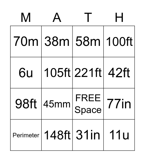 Perimeter, Area, and Volume BINGO Card