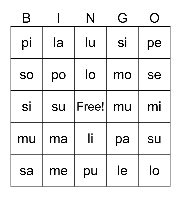 silabas con M S P L Bingo Card