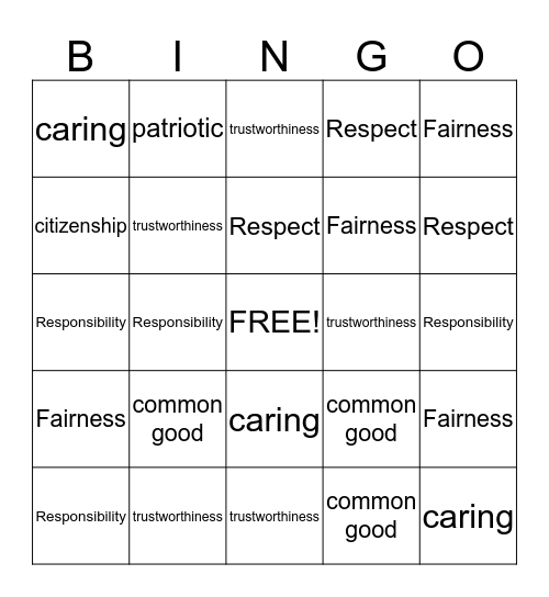 Citizenship Bingo Card
