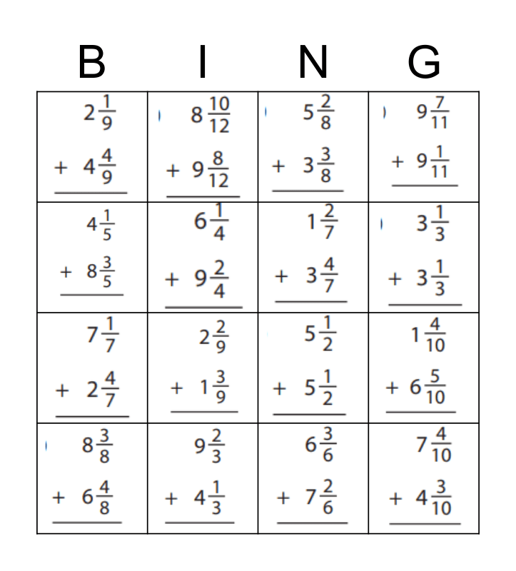 Adding Mixed Numbers Bingo Card