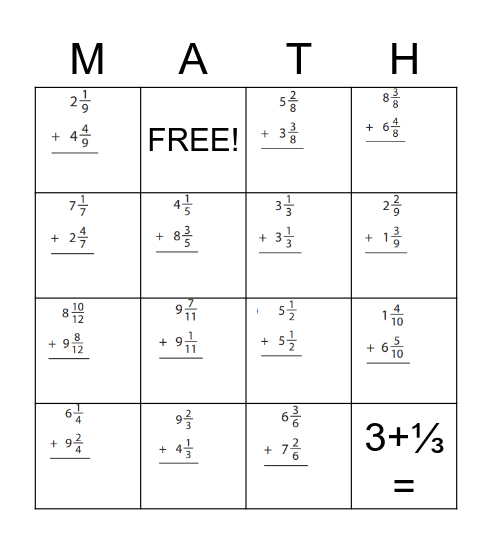 Adding Mixed Numbers Bingo Card