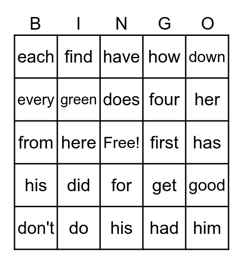 HFW Bingo Card