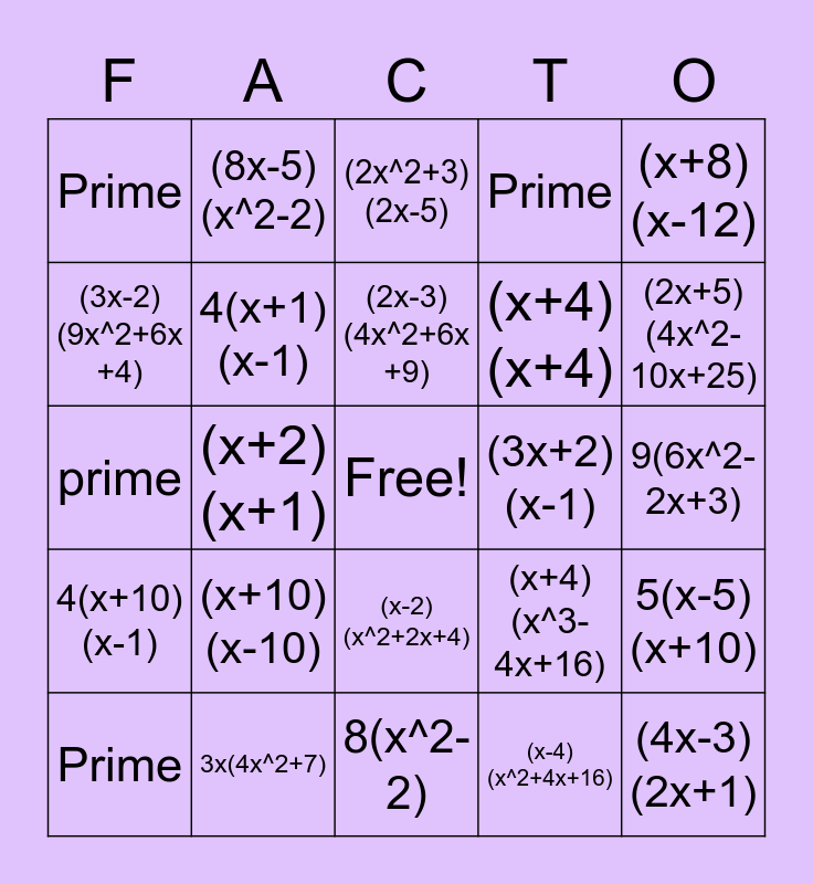 FACTORING BINGO Card